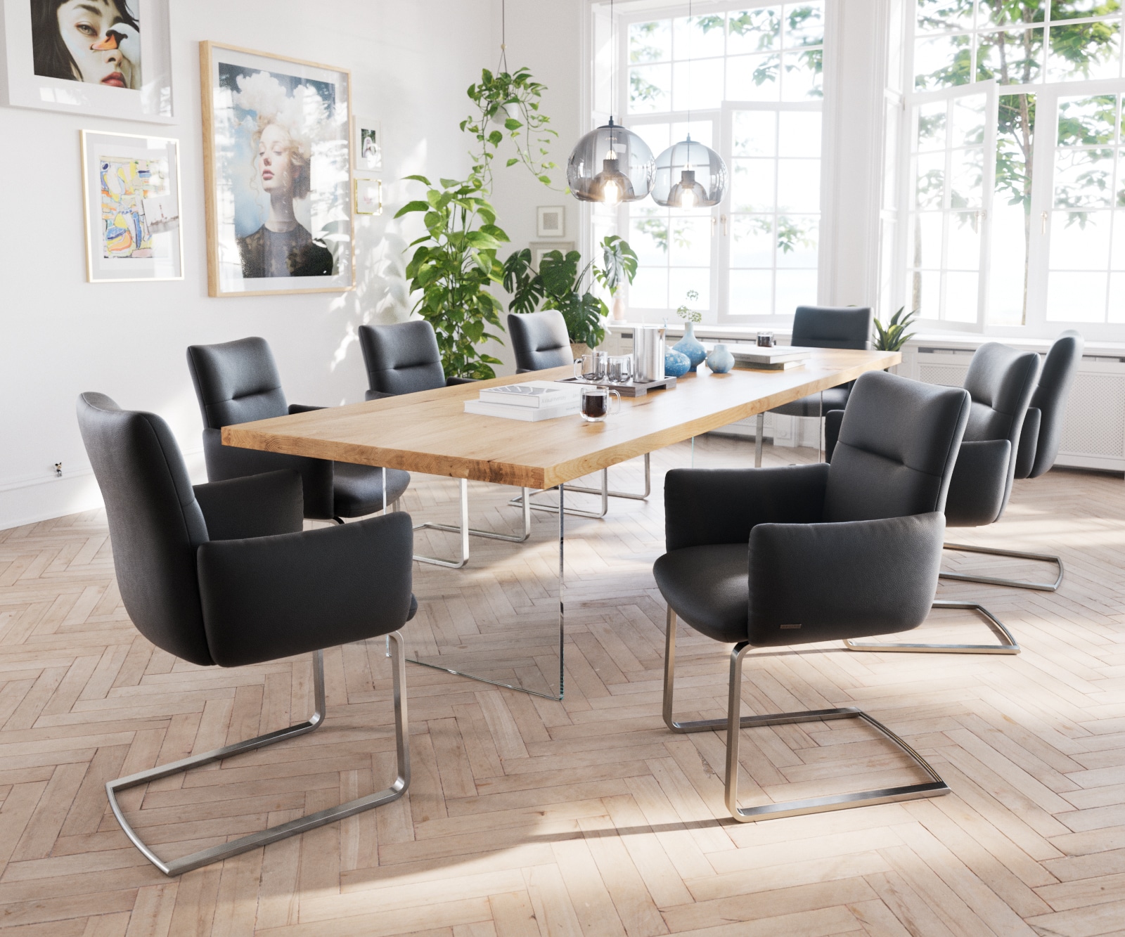 Schwingstuhl Jova-Flex mit Armlehnen Freischwinger flach Edelstahl Echt-Leder Schwarz ...