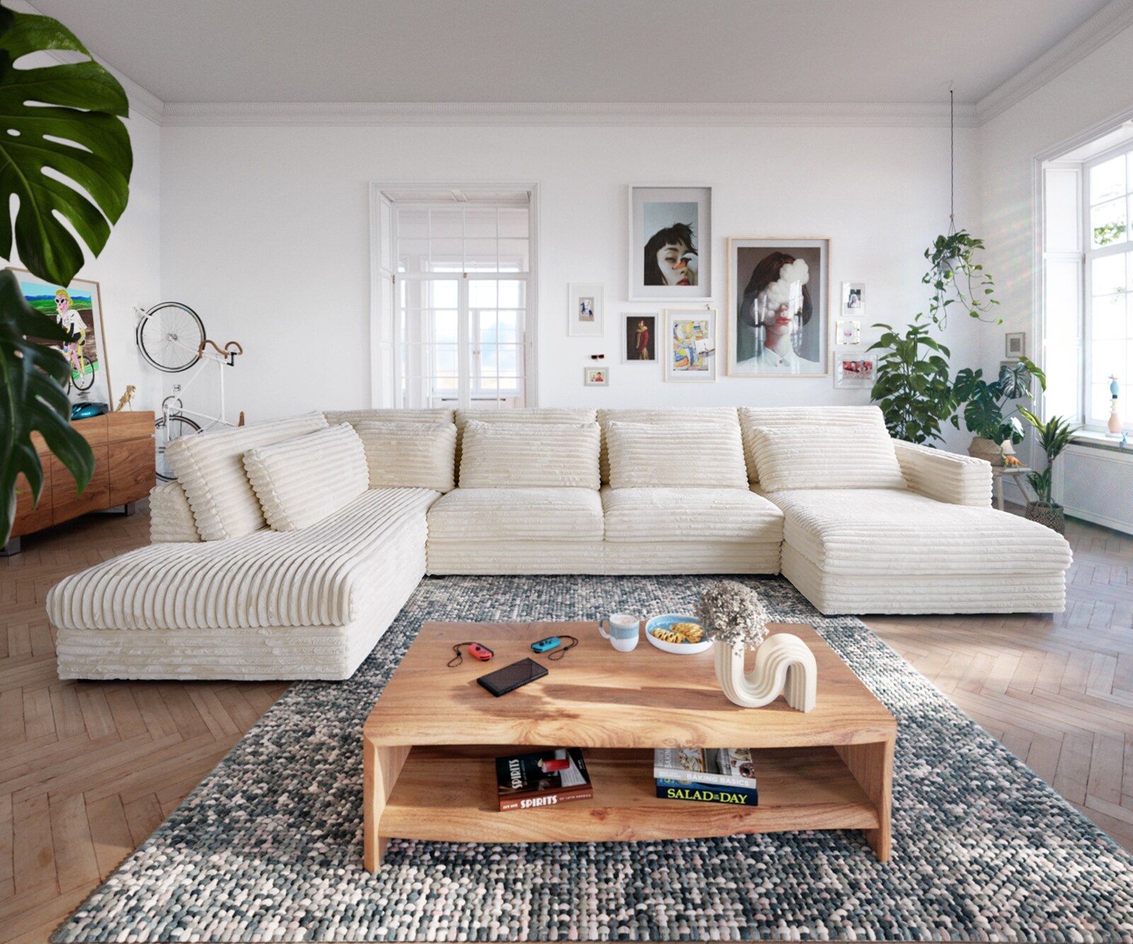 Sofa Isla Chenille Beige 430x225 cm Ottomane rechts Wohnlandschaft