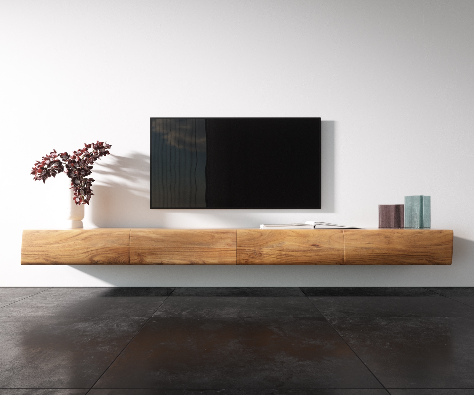 TV-Board New Live-Edge Akazie Natur 240 cm 4 Schubladen schwebend Lowboard