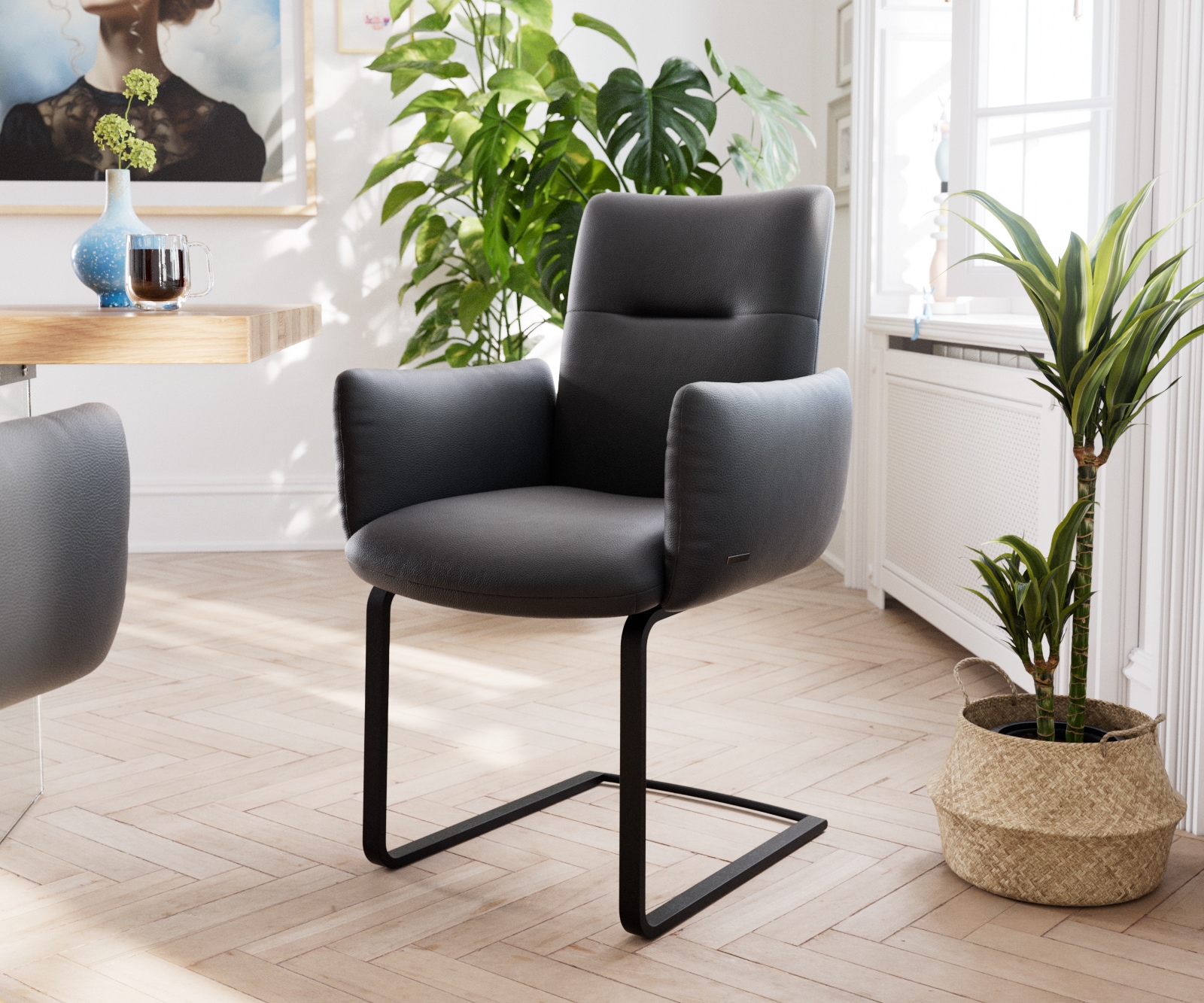 Schwingstuhl Jova-Flex mit Armlehnen Freischwinger flach Schwarz Echt-Leder Schwarz Taschenfederkern