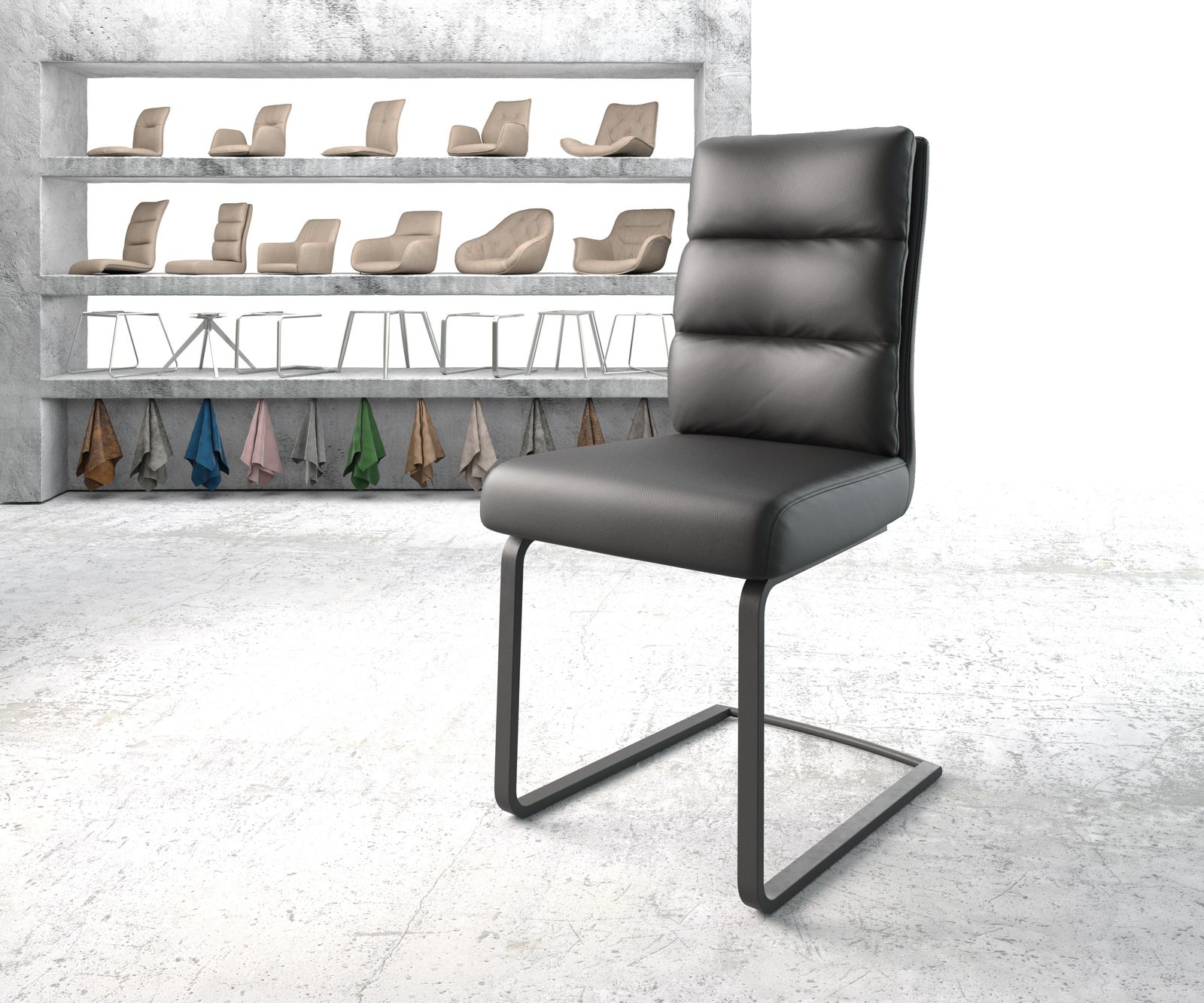 Schwingstuhl Pela-Flex Freischwinger flach Schwarz Echt-Leder Schwarz