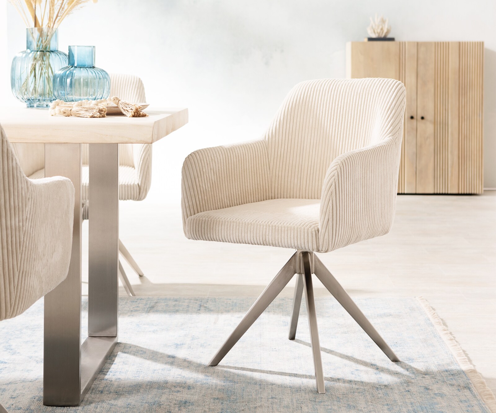 Drehstuhl Greg-Flex Kreuzgestell kantig Edelstahl Cord Beige 180° drehbar