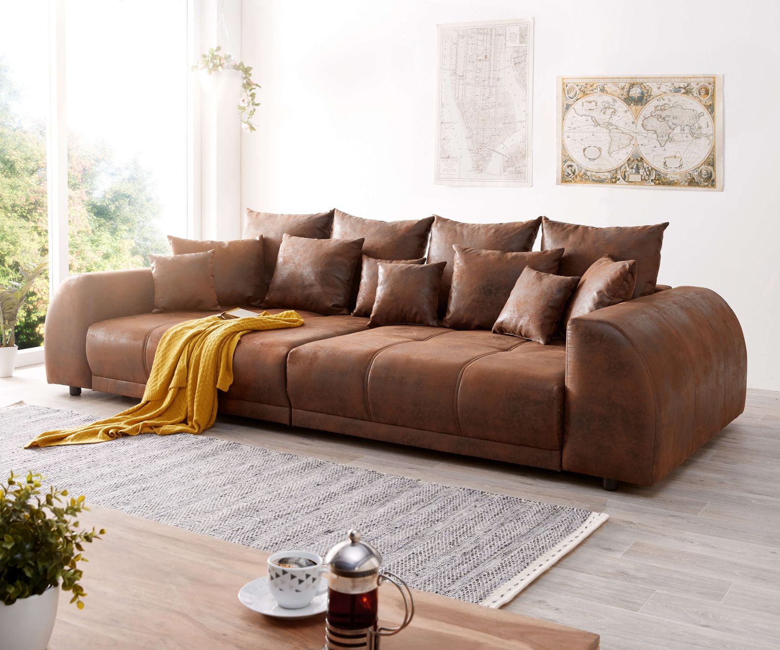 Big-Sofa Violetta Braun 310x135 cm Antik Optik inklusive Kissen Big-Sofa